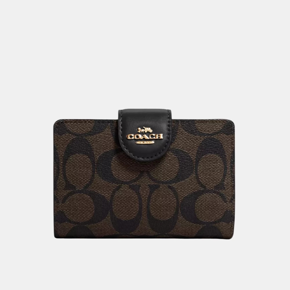 Coach Medium Corner Zip Wallet In Signature Canvas (Brown/Black)